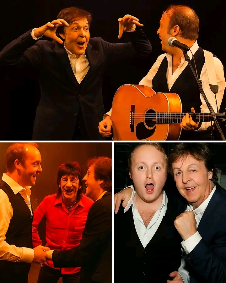 Paul McCartney and his son James stood side by side on a softly lit stage, their voices melding ...